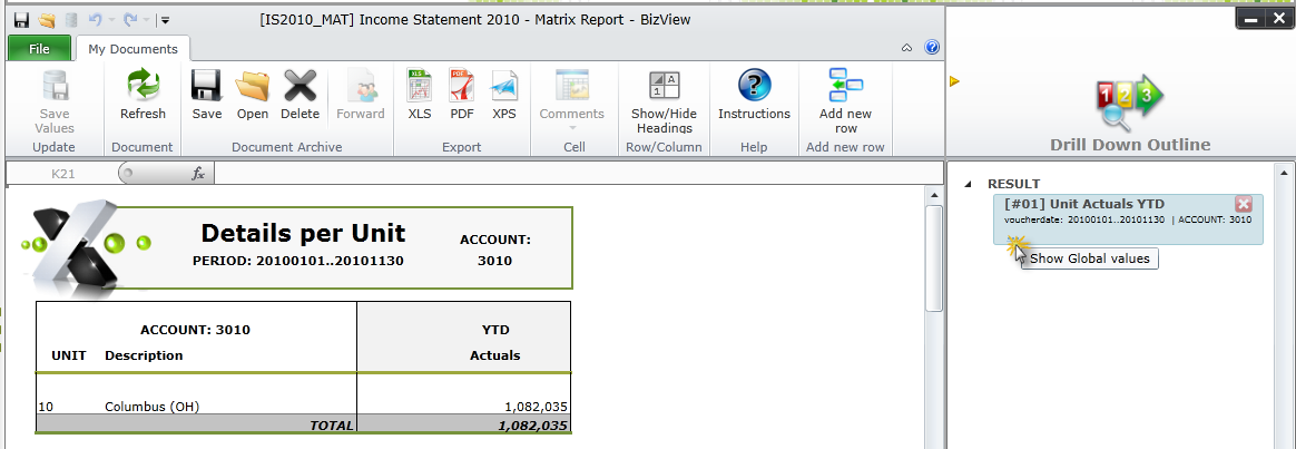 Drill Down Outline – Bizview v22