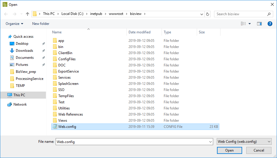 Manually Opening the Web Application Configuration File – Bizview v22